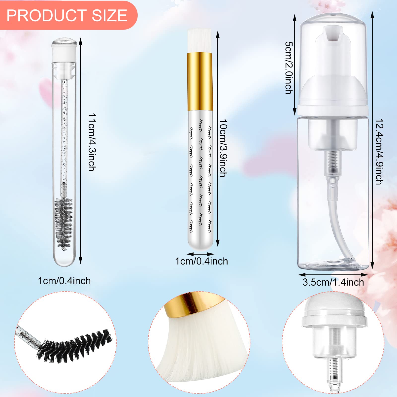 Geiserailie 30 Pcs Lash Shampoo Brushes Soap Bottle Set, 10 Eyelash Extensions Mascara Brushes 10 Peel off Blackhead Nose Cleaning Brush 10 Plastic Foam Reusable Bottle for Women(Simple,White)