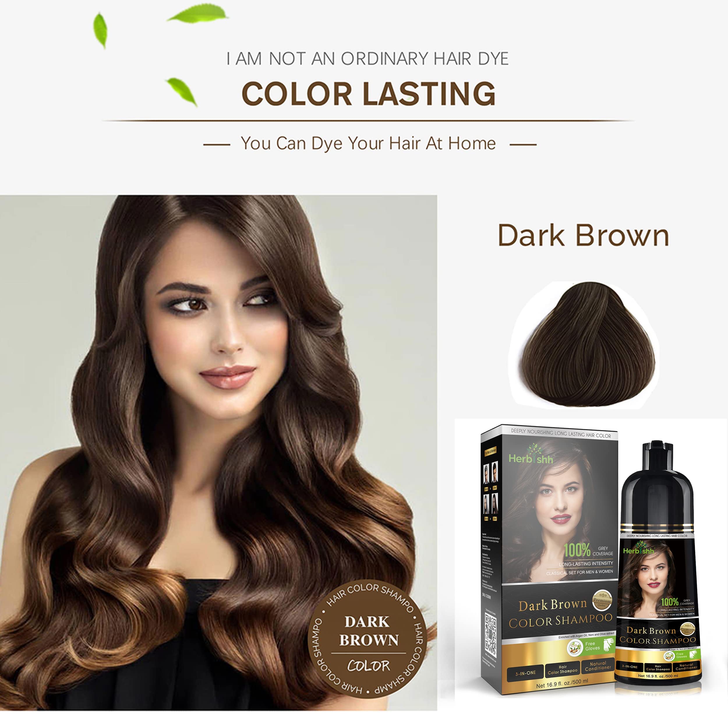 Herbishh Hair Color Shampoo - Magic Dye for Gray Hair, Lasting Color in Minutes - 500 Ml, 3-In-1, Ammonia-Free (Dark Brown)