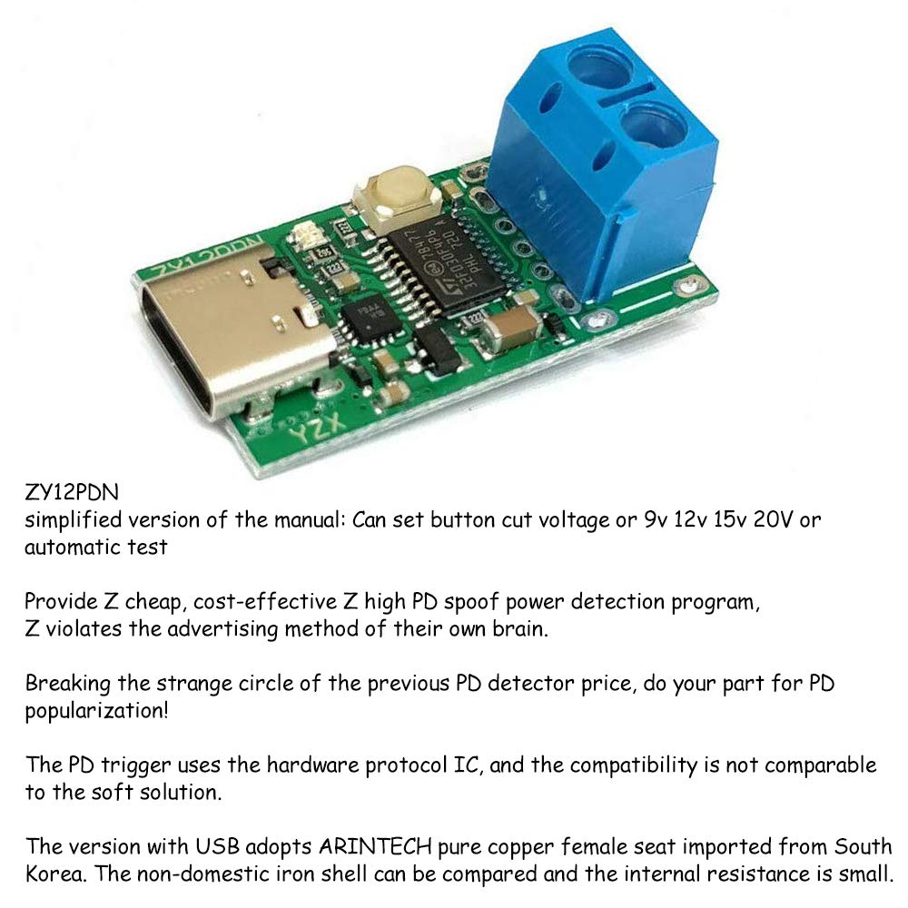 Acxico 1Pcs Type-C USB-C PD2.0 3.0 to DC USB Decoy Fast Charge Trigger Poll Detector Charging Module (ZY12PDN with Screw Terminal)