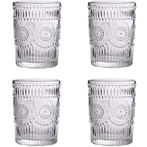 Amzcku Vintage Drinking Glass Set of 4, 10 oz - For Cocktails, Mixed Drinks, Whiskey, Beverage, Water, Milk and Juice…