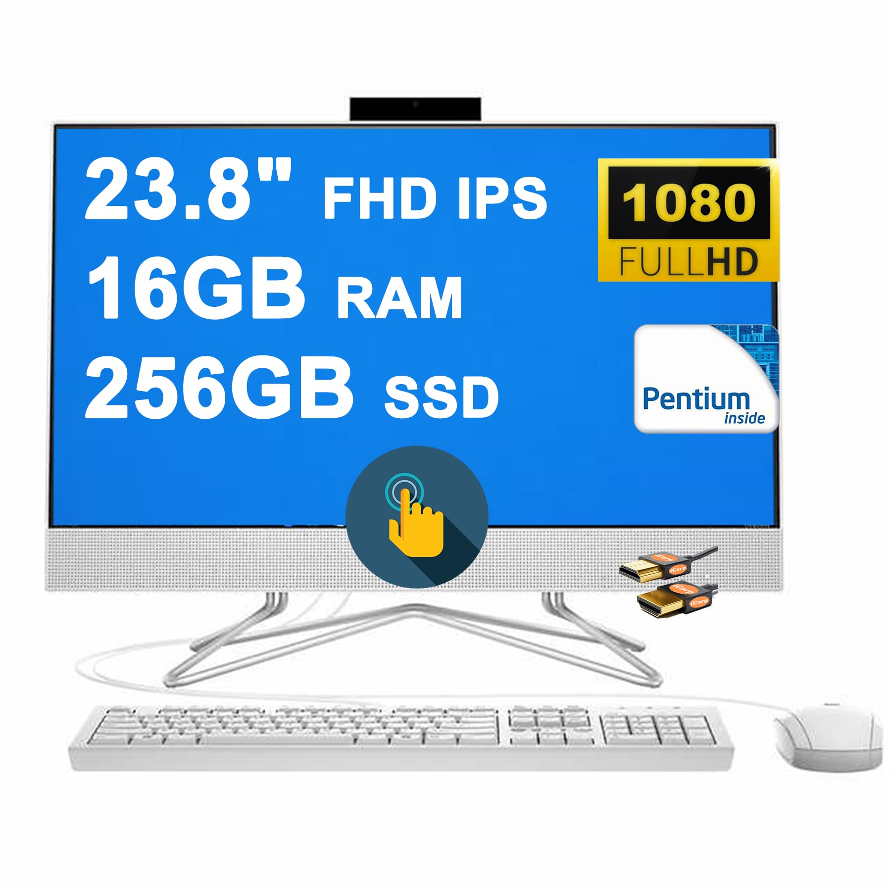 HP 24 All-in-One Desktop 23.8" FHD IPS Anti-Glare Three-Sided Micro-Edge Touchscreen Intel 4-core Pentium Silver J5040 Processor 16GB DDR4 256GB SSD FHD Privacy Camera Win11 White + HDMI Cable