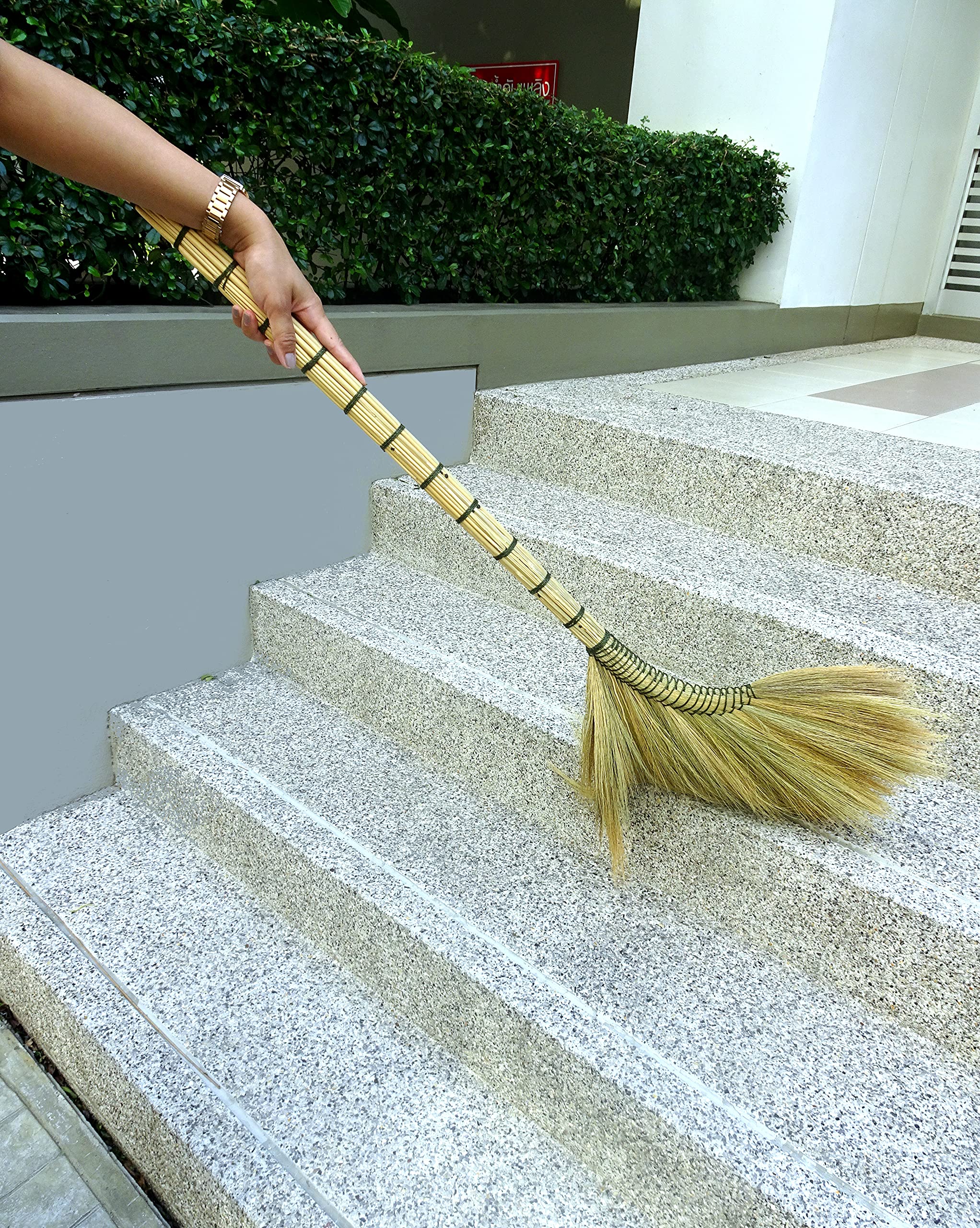 Handmade Asian Thai Broom Thick Natural Grass Brush & Handle Broomstick in Vintage Viet Whisk Straw Design