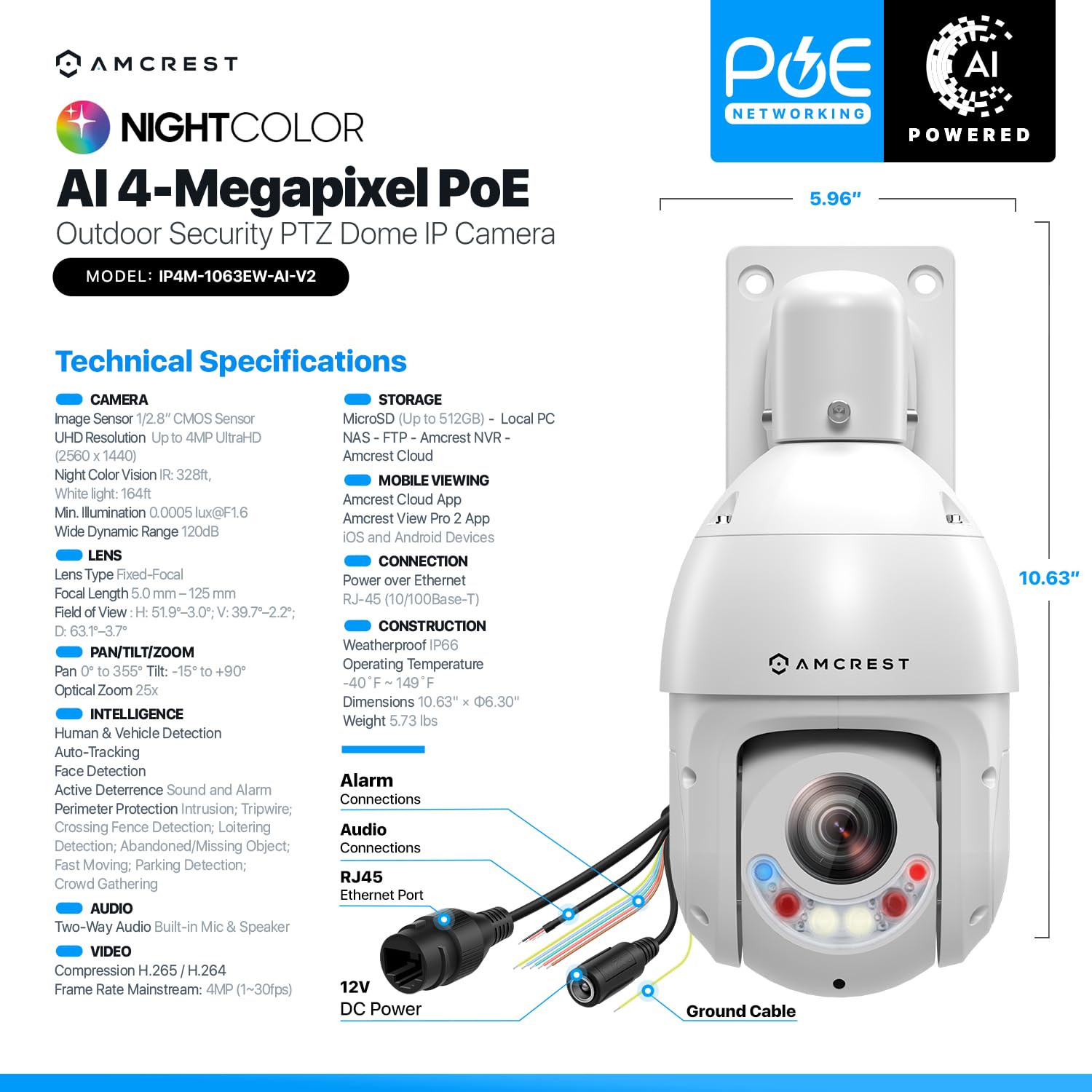 Amcrest 4MP AI PTZ POE IP Camera Pan Tilt Zoom (Optical 25x Motorized Zoom) Speed Dome, Human/Vehicle Detection, F1.6, 1/2.8" Sensor, 4MP@30fps, 328ft Night Vision, IP4M-1063EW-AI-V2