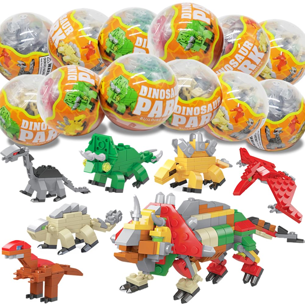 12Pcs PreFilled Easter Eggs with Dinosaurs Building Blocks, Surprise Eggs Dinosaur Toys for Kids Easter Eggs Hunt, Easter Basket Stuffers Fillers, Easter Party Favors, Easter Classroom Prize Toys