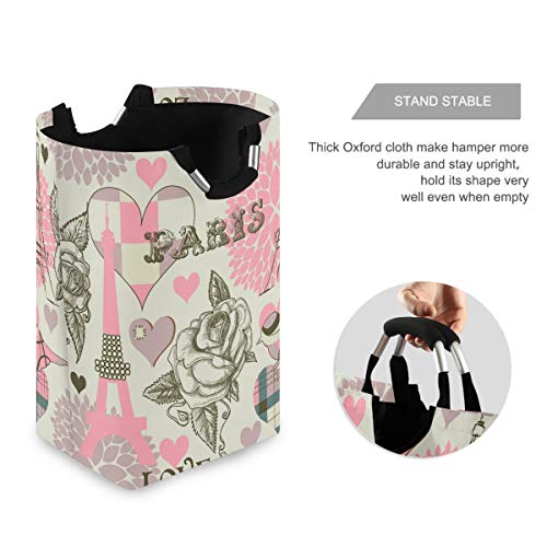 ALAZA Paris Eiffel Tower Rose Floral Heart Laundry Basket Hamper Large Storage Bin with Handles for Gift Baskets, Bedroom, Clothes