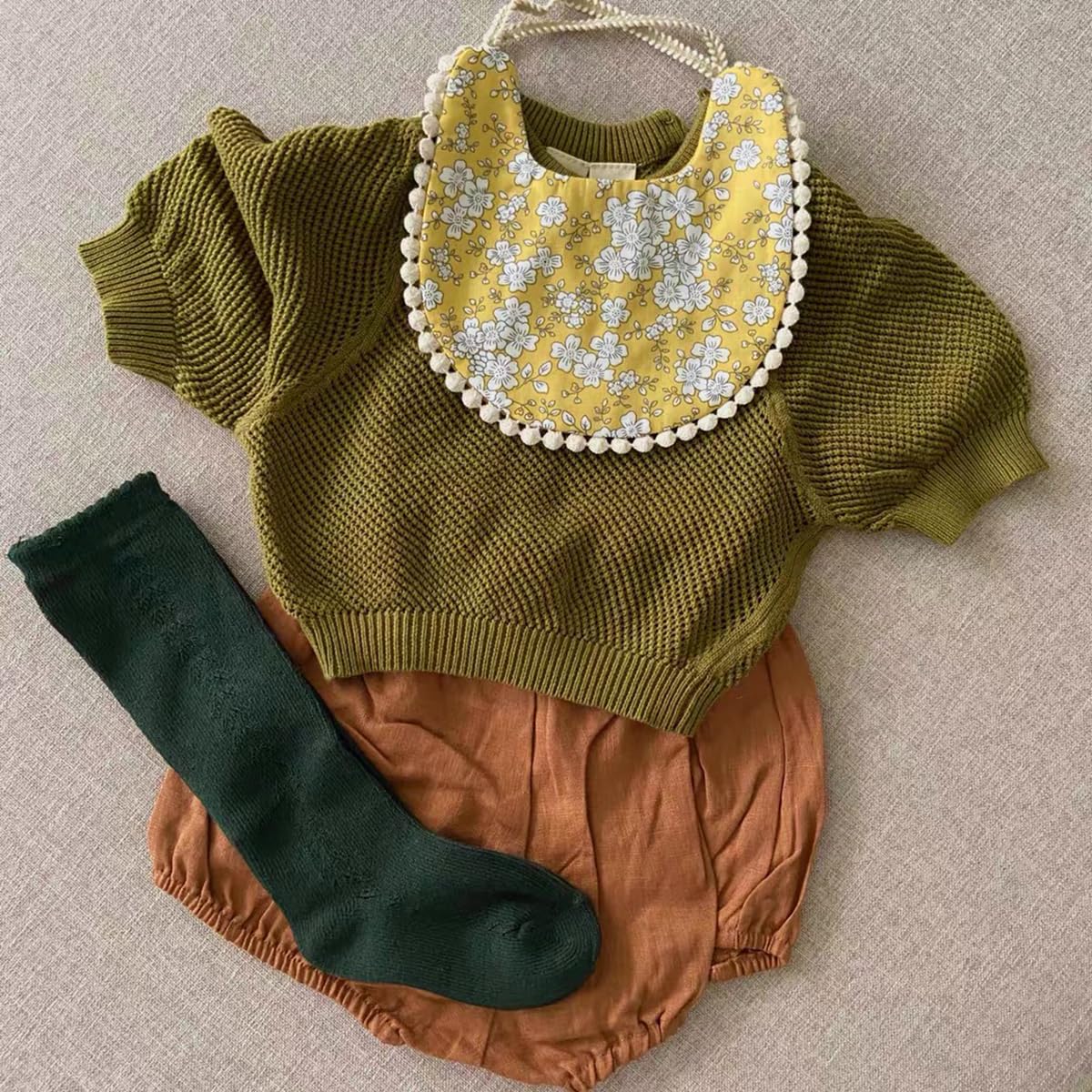 Cherssy Baby Girl Reversible Bibs, Boho Bibs with Crochet Lace and String Ties Pom Pom, Floral Cotton bibs for Newborn Infant Toddler, 2 Pack Mustard/Brown