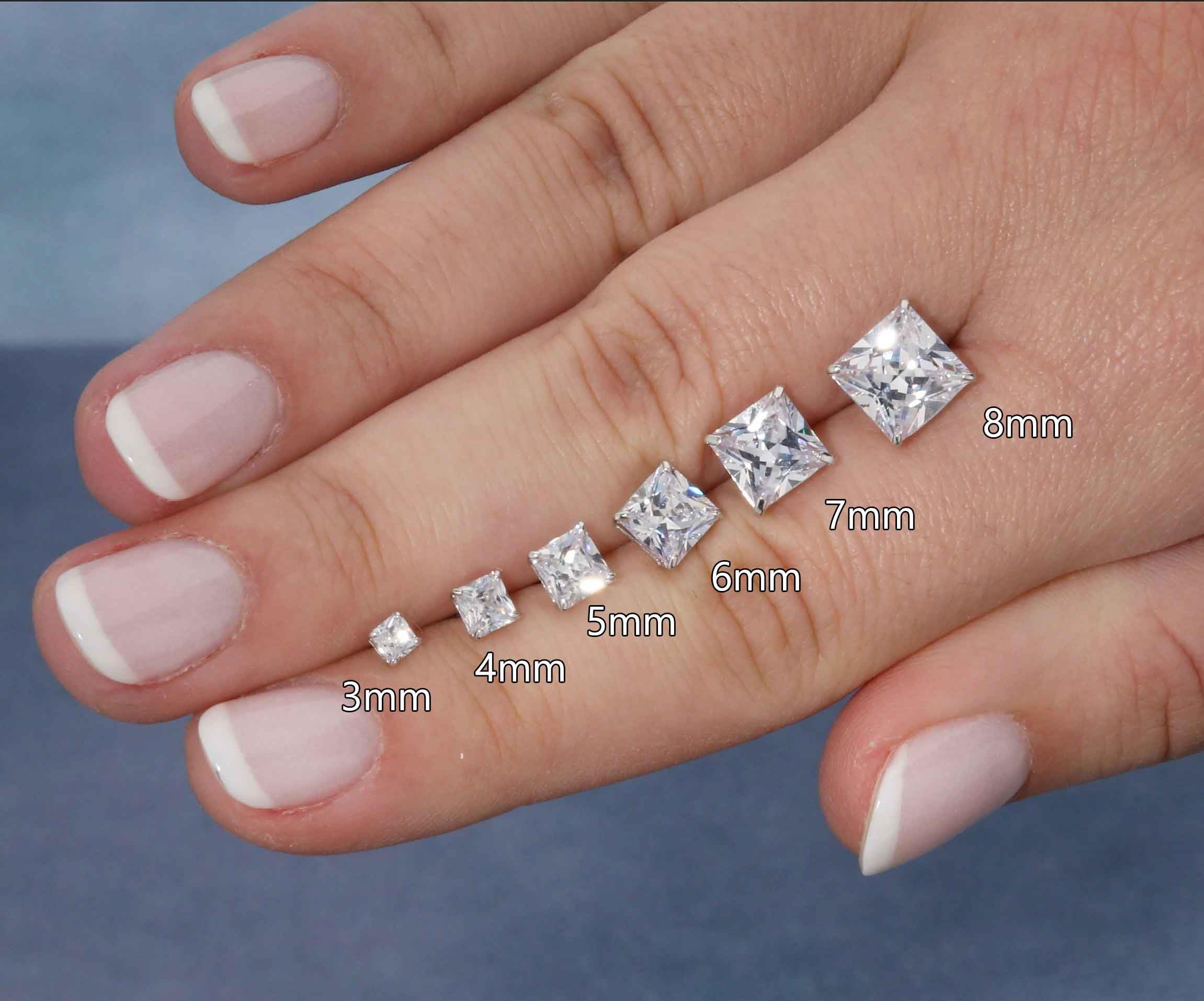 14k Solid Gold PRINCESS Stud Earrings Square Cubic Zirconia Princess-cut CZ Unisex Studs, 14kt White Gold (5mm)