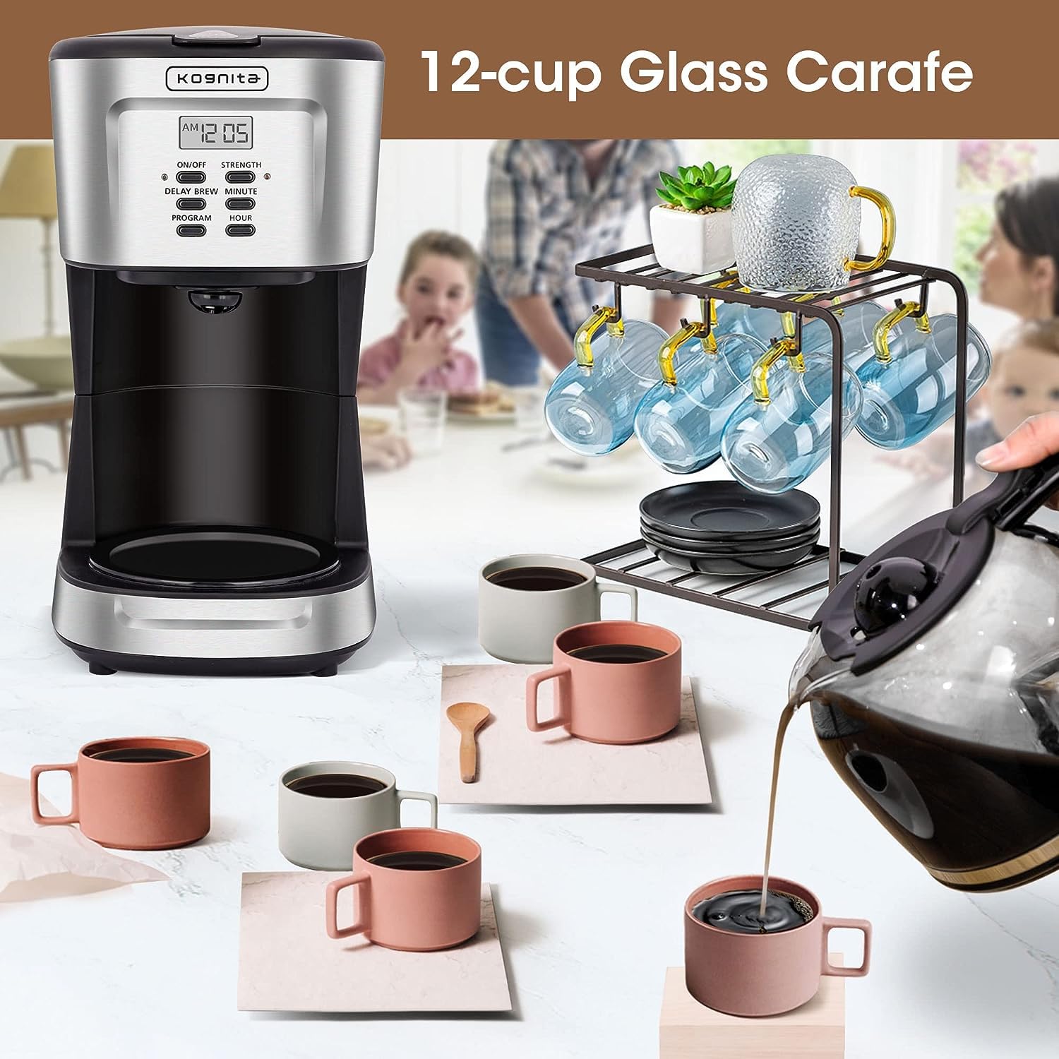 12 Cup Coffee Maker,Programmable Coffee Maker with Glass Carafe,900W Quick Brew Drip Coffee Pot,Auto Keep Warm,Anti-Drip,Brew Strength Control, Stainless Steel Coffe Machine for Home and Office