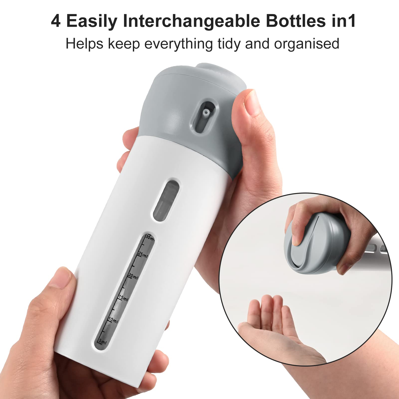 CHIVENIDO 4 in 1 Travel Dispenser, 2 Pack Travel Shampoo and Conditioner Dispenser, Refillable Travel Bottles for Toiletries, Muti Pump Bottle Toiletry Bottles for Traveling