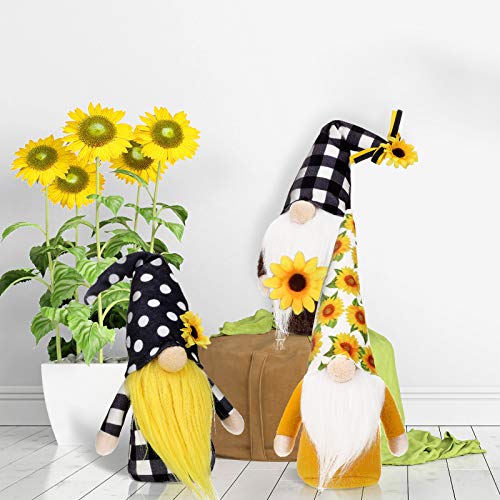 3 Pieces Summer Swedish Gnomes Decor Spring Buffalo Plaid Rustic Tiered Tray Decorations Plush Sunflower Ornaments for Home Garden Kitchen Decor
