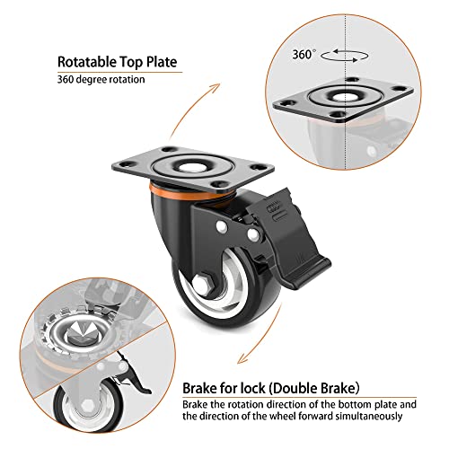 3” Caster Wheels,Set of 4,Heavy Duty Swivel Casters with Brake, Safety Dual Locking and No Noise Polyurethane (PU) Wheels,Swivel Plate Castors(TWO HARDWARE KITS for Free)