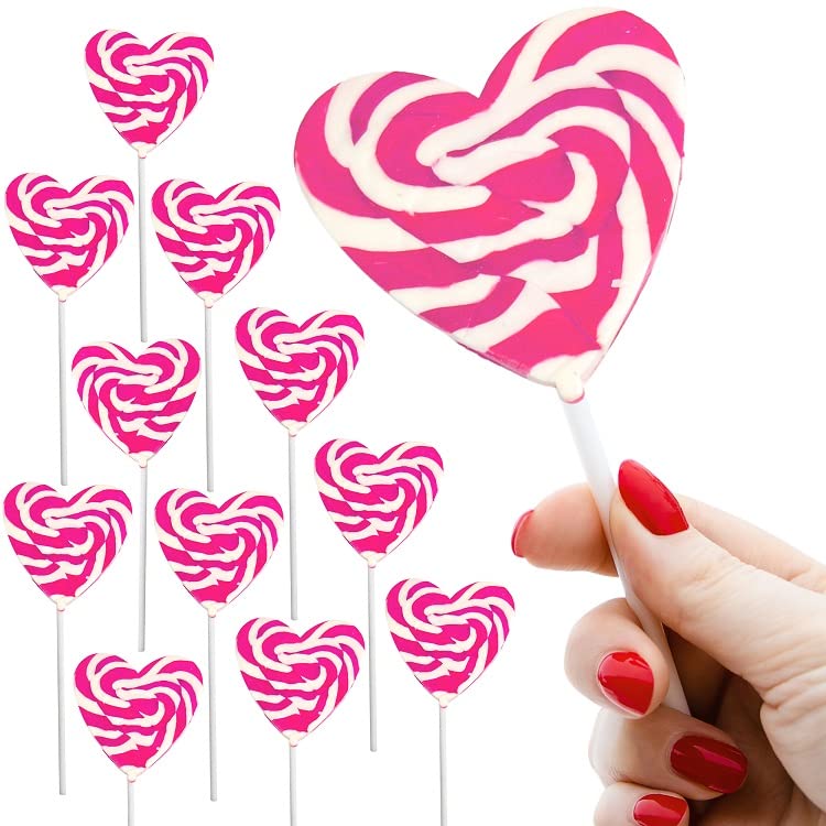 12 Heart Lollipops 3" -Valentine’s Candy - Delicious Lollipop Candy For Children and Adults - Bulk Candy (Pink)