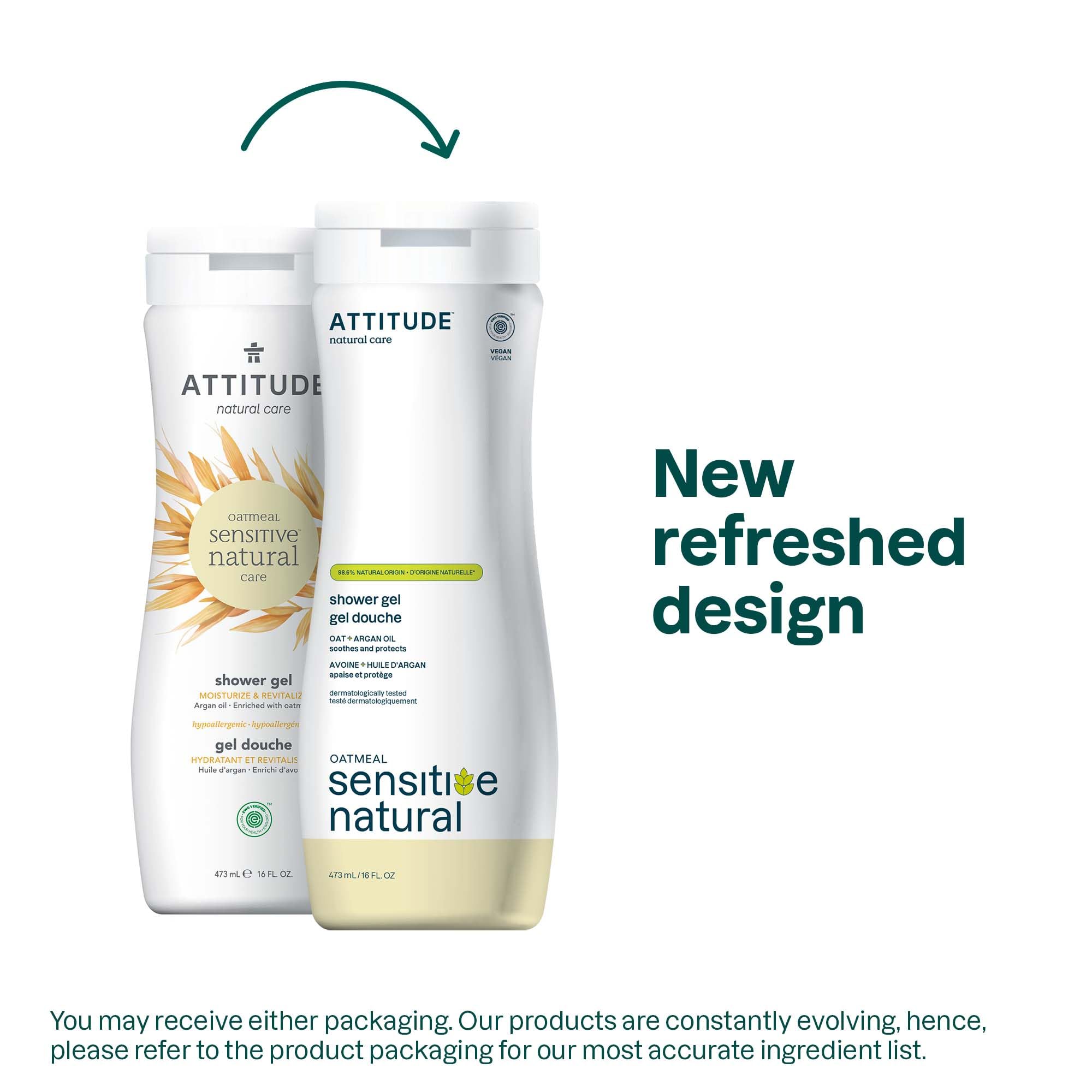 ATTITUDE Body Wash for Sensitive Skin with Oat and Argan Oil, EWG Verified, Dermatologically Tested, Vegan, 16 Fl Oz