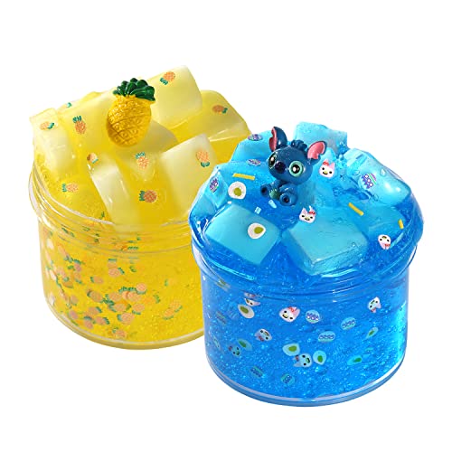 2 Packs Jelly Cube Crunchy Slime Kit,Non Sticky,Super Soft Sludge Toy,Birthday Gifts for Kids,DIY Crystal Glue Boba Slime Party Favor for Girls & Boys(Blue,Yellow)