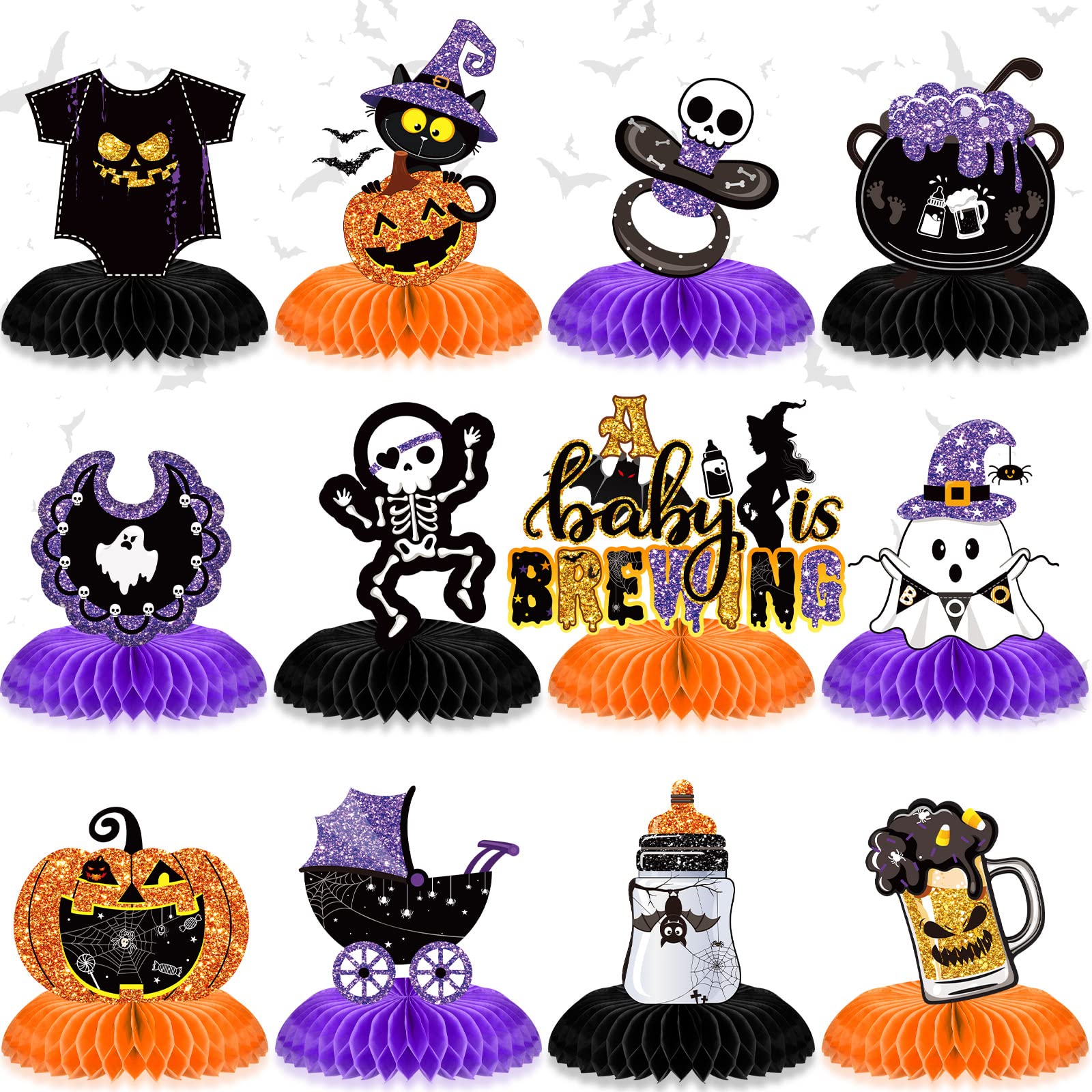 12 Pieces Halloween Baby Shower Decorations Halloween a Baby is Brewing Honeycomb Centerpieces a Baby is Brewing Table Centerpieces for Halloween Gender Reveal Party Favor Supplies (Purple, Black)