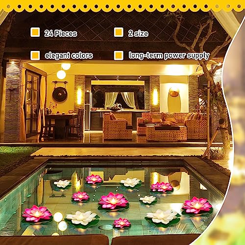 24 Pcs Floating Pool Lights Lotus Floating Lanterns Lifelike Artificial Floating Flowers for Pool with LED Lights Battery Operated Lily Pads Water Lantern for Decor (White, Pink, 3.94 Inch, 5.91 Inch)