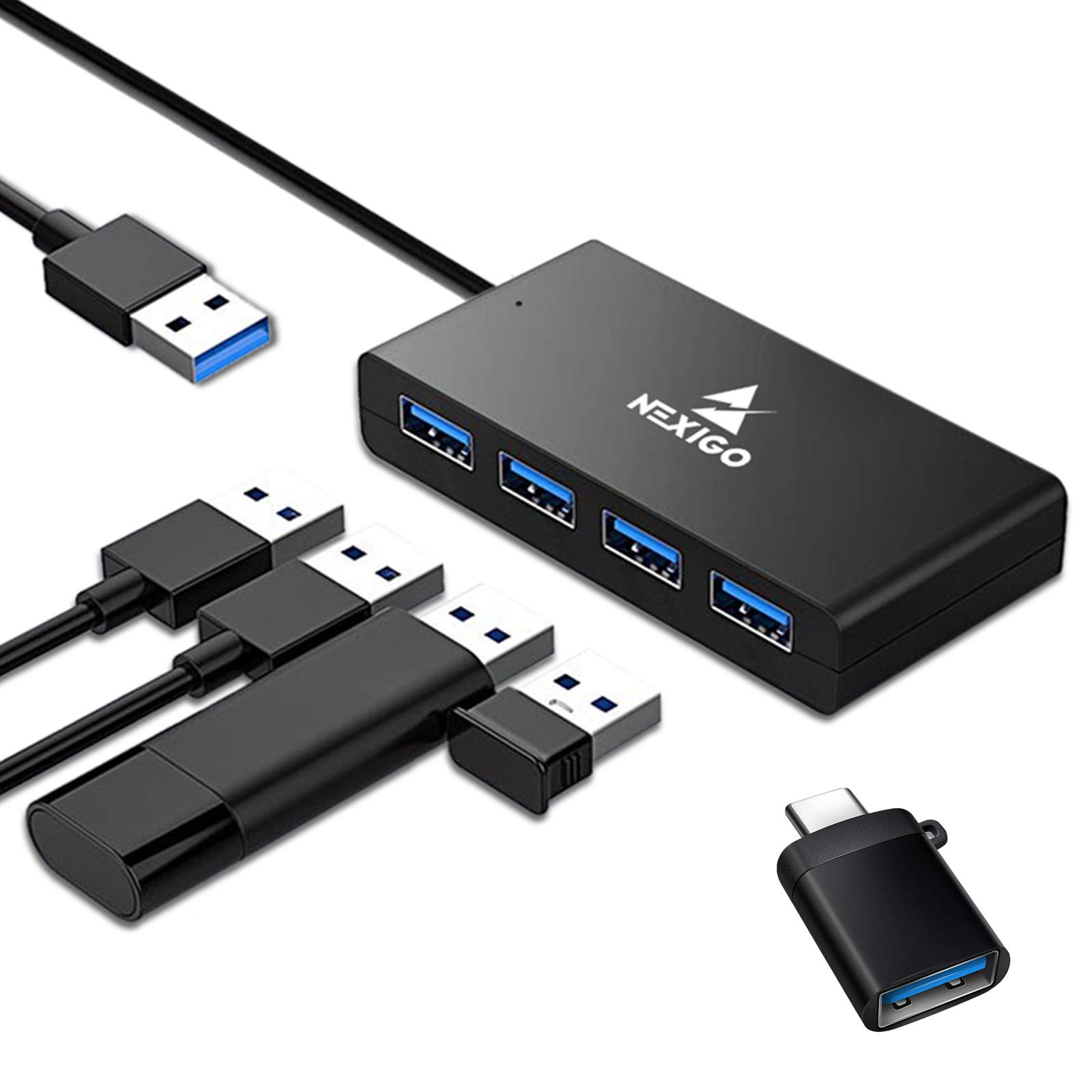 USB Hub with USB C Connector, NexiGo 4-Port 2 ft Slim Ultra USB 3.0 Hub, Thunderbolt 3 to USB 3.0 Adapter (Black), for MacBook, Mac Pro, Mac Mini, iMac, Surface Pro, XPS, PC, Flash Drive, Mobile HDD