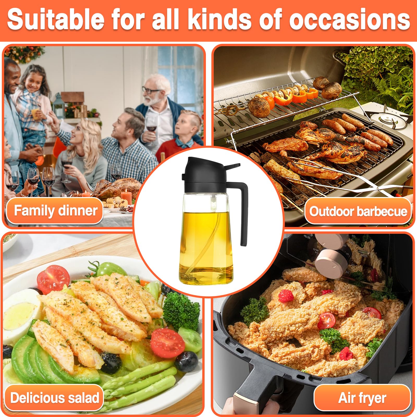 16oz Oil Dispenser Bottle - 2 in 1 Olive Oil Dispenser Bottle for Kitchen, 470ml Olive Oil Bottle,it's perfect for cooking, salads, and BBQs (Black, 1PCS)