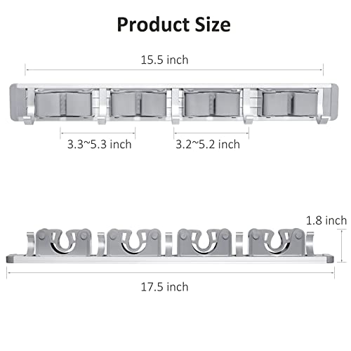 2 Pack Mop Broom Holder Wall Mount, Garden Tool Storage Organizer, Wall Hanger Hooks Rack for Home, Metal Aluminum Garage Laundry Room Organization and Storage, Silver (4 Slots&5 Hooks)