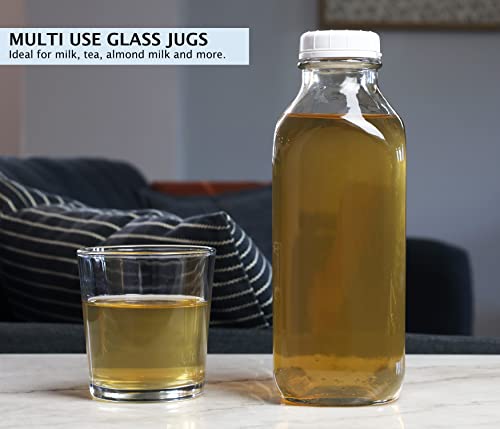 The Dairy Shoppe Heavy Glass Milk Bottle Jugs with Lids and Pour Spouts (2 pack, Liter/33.8 oz)