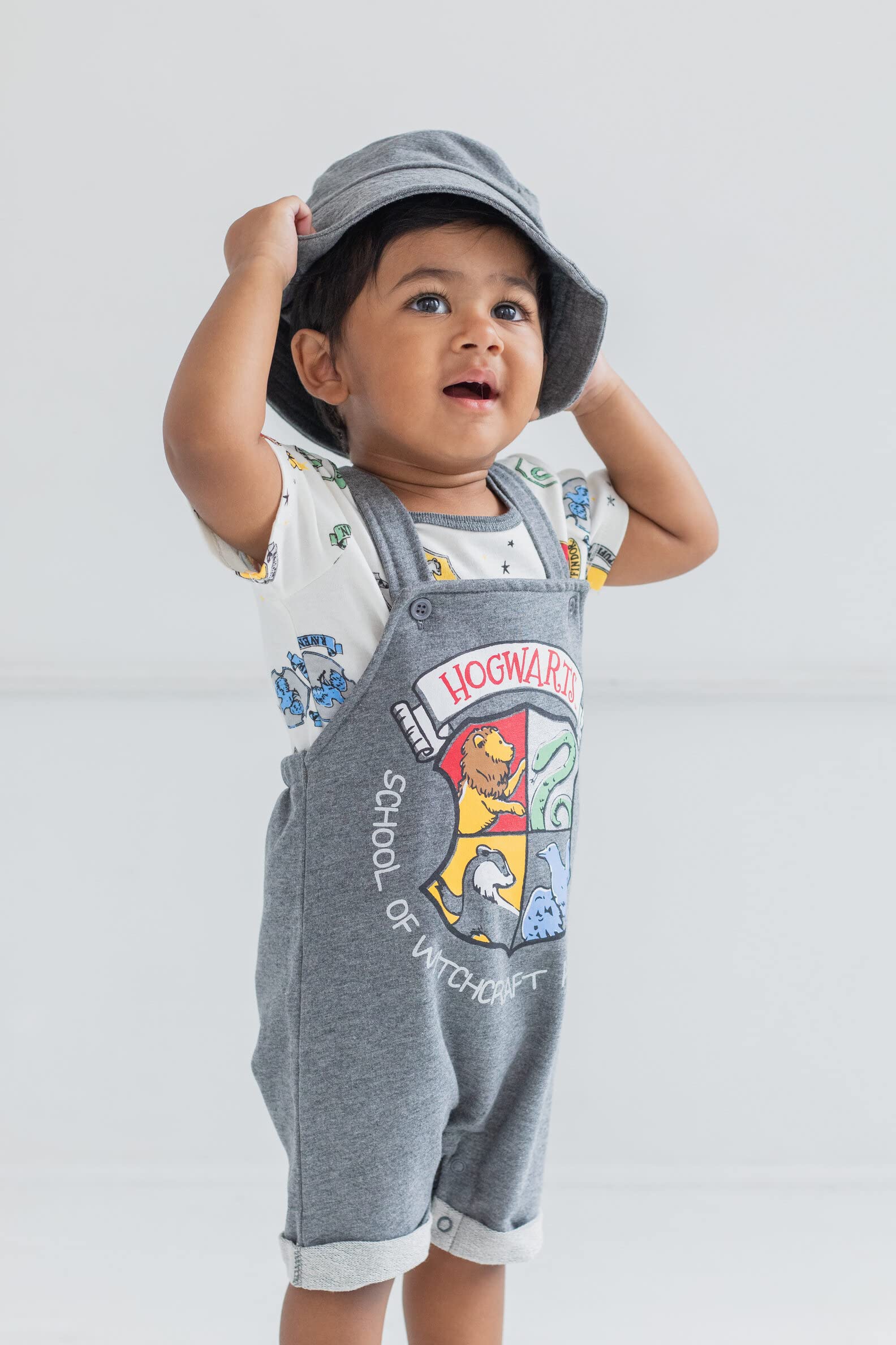 Harry Potter Hogwarts Newborn Baby Boys French Terry Short Overalls T-Shirt and Hat 3 Piece Outfit Set 3-6 Months