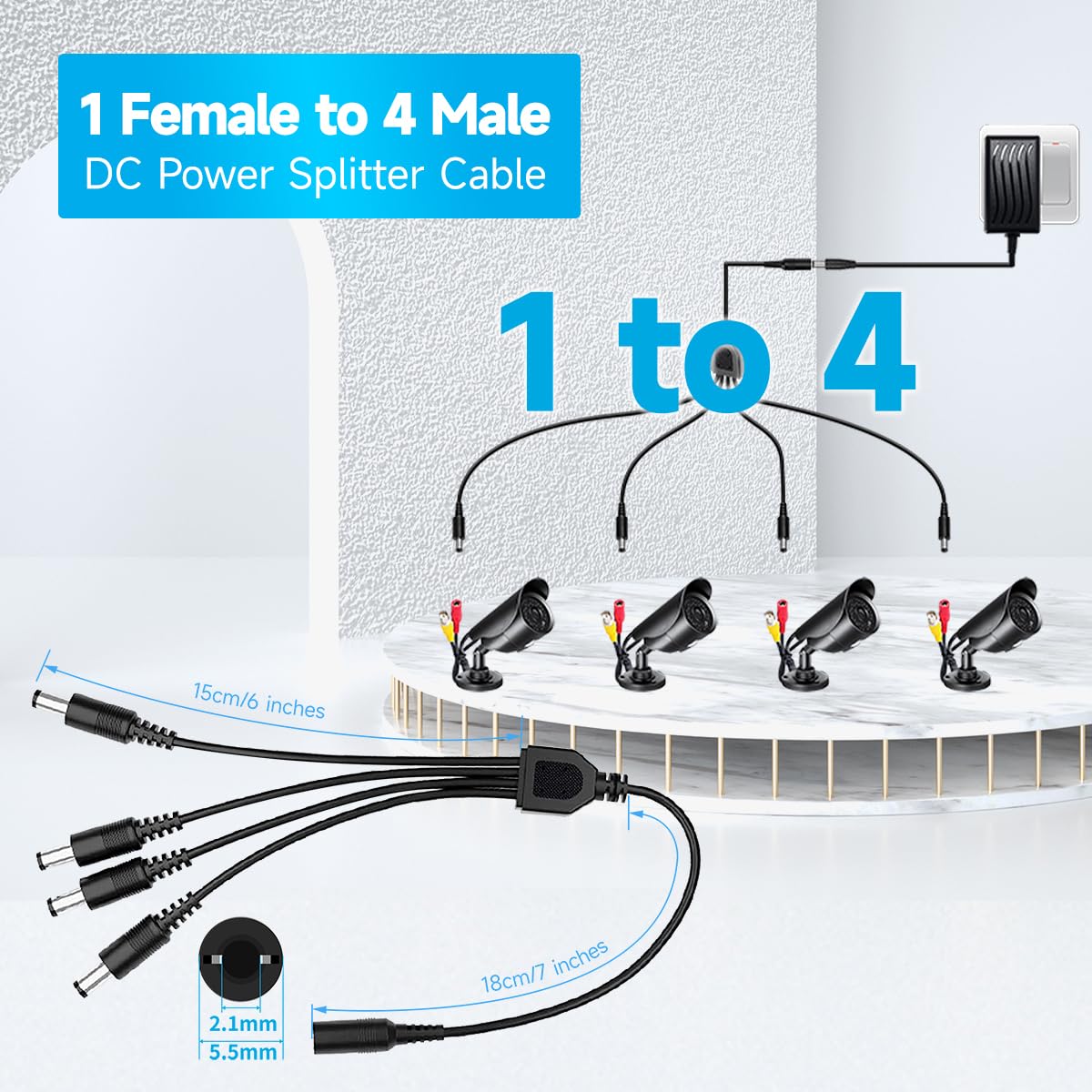 Power Adapter AC 100-240V to DC 12V 2A (2000mA) & 4-Way Power Splitter Cable for CCTV Security Camera/DVR/NVR/LED Strip Lights, UL/FCC/CE Certificated
