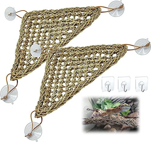 2 Pack Reptile Lizard Bearded Dragon Hammock,Reptile Lounger,100% Natural Grass Fibers Hammock Bed for Bearded Dragons, Geckos, Iguanas, Hermit Crabs (Triangular + Rectangle)