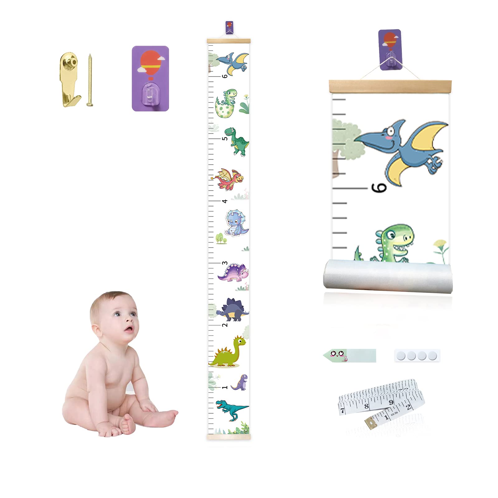 by Unbranded Growth Chart for Kids,Upgrade Removable Baby Growth Chart for Wall with Marker Stickers,Hooks,Canvas Height Measuring Rulers for Boys Girls (Dinosaur)