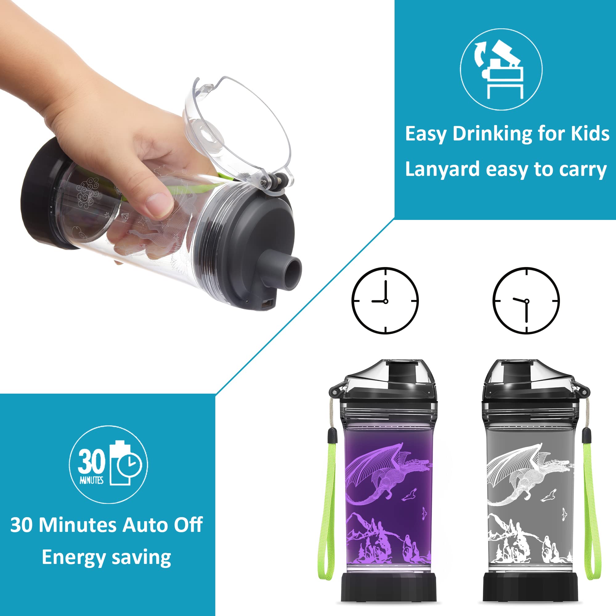 Attivolife Dragon Watter Bottle, 3D Illusion Glowing LED Light with 7 Color Changing Lights - 14 0z BPA Free - Creative Ideal Travel Cup Dinosaur Gift for School Boy Kid Child Holiday Camping Picnic