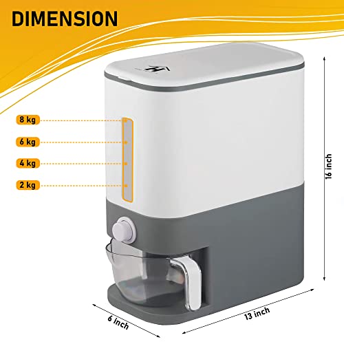 20 Lbs Rice Dispenser, Large Dry Food Container With Lid, Rice Storage Container With Measuring Cylinder, Cereal Dispenser Moisture Proof Household Food Dispenser Bucket, Kitchen Orgainzation Pantry Strore for Dry Food
