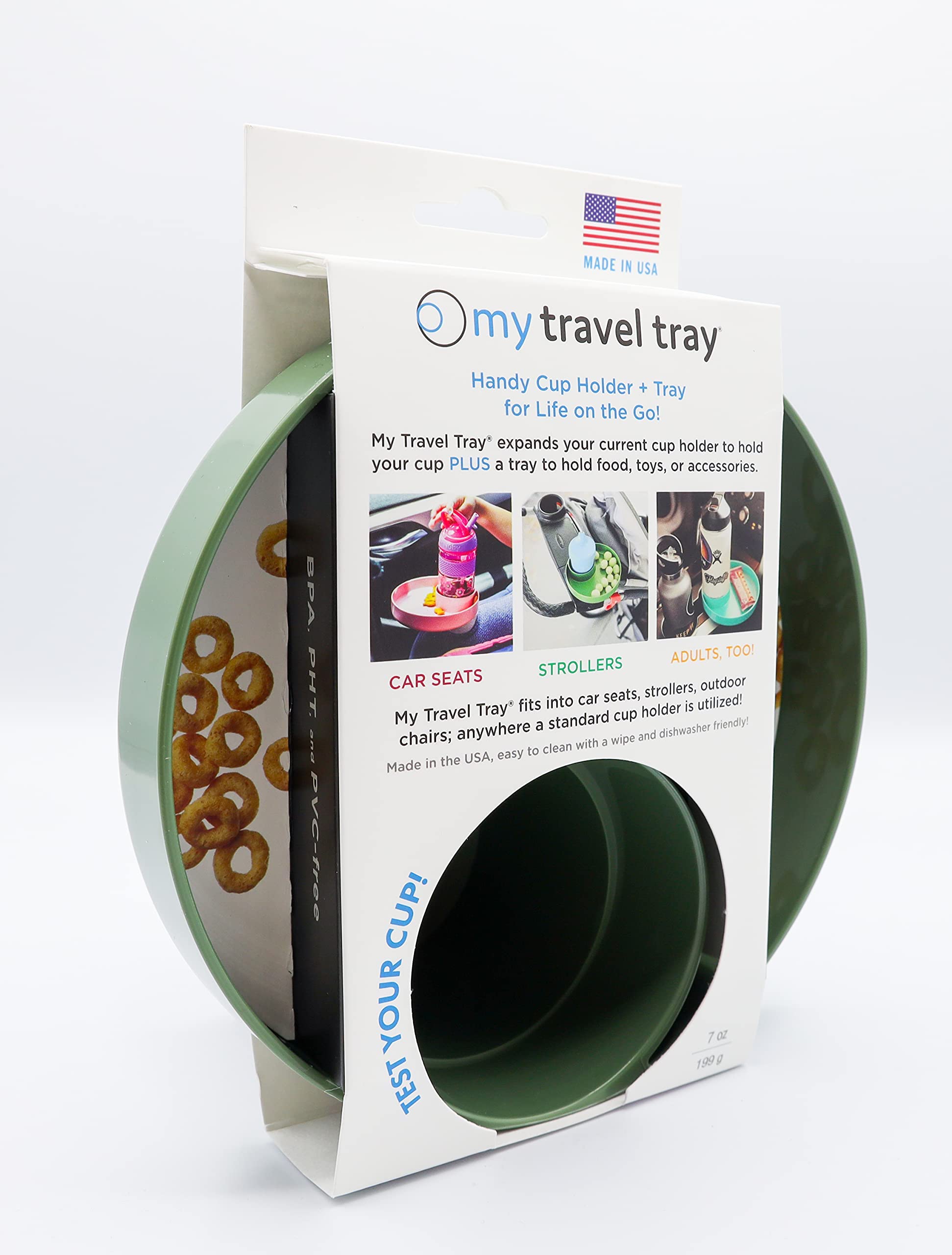 Travel Tray Round, USA Made Easily Convert Your existing Cup Holder to a Tray and Cup Holder for use in a Car Seat, Booster, Stroller, Golf Cart and Anywhere You Have a Cup Holder! - Moss Green