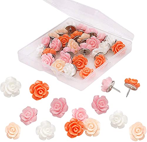 30 Pieces Rose Flower Pushpins Flower Thumb Tacks Decorative Floret Push Pins Colorful Floret Thumbtacks for Photo Wall, Feature Wall, Whiteboard, Cork Board, Map, Bulletin Board, Office or Home