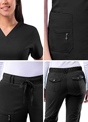 Adar Pro Breakthrough Plus Scrub Set for Women - Enhanced V-Neck Top & Multi Pocket Pants - 4400 - Black - S