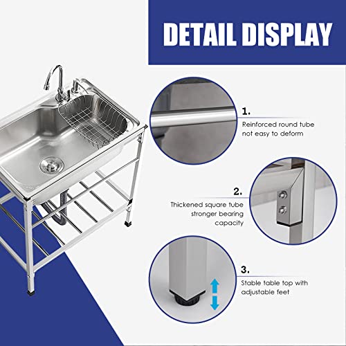 304 Stainless Steel Kitchen Sink Freestanding Utility Sink with Cold and Hot Water Pipe W27.95”x D18.5”x H29.5”