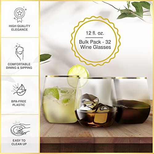 32 Pack Stemless Plastic Wine Glasses Disposable 12 Oz Gold Rim - Shatterproof Recyclable and BPA-Free, Stylish Drinkware for all Beverages, Cocktail Parties, Wedding Reception and Catered Events