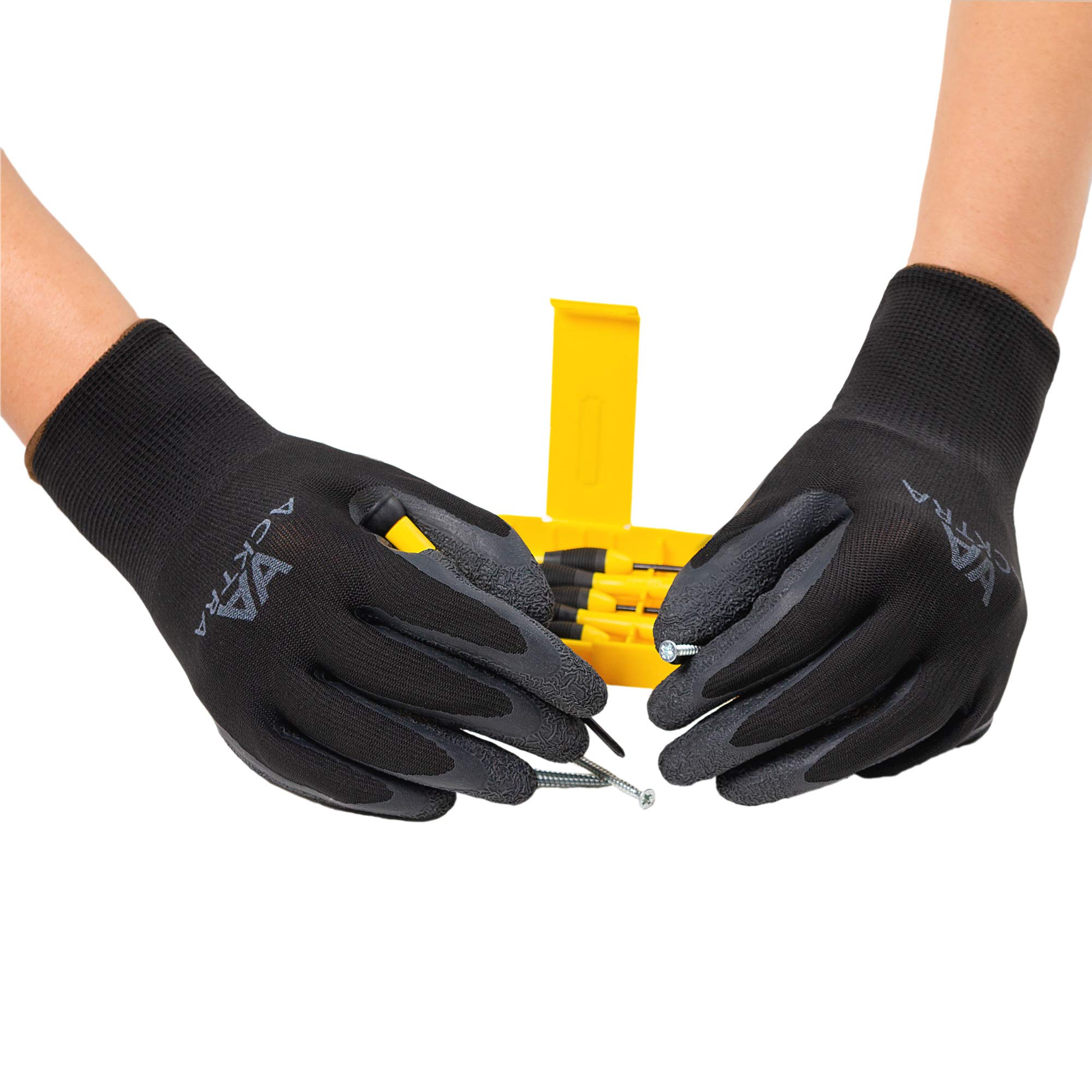 ACKTRA Coated Nylon Safety WORK GLOVES 12 Pairs, Knit Wrist Cuff, Multipurpose, for Men & Women, WG008 Black Polyester, Black Latex, Medium