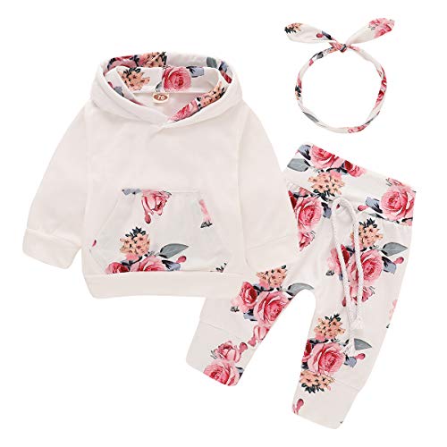 3Pcs Infant Toddler Baby Girl Clothes Long Sleeve Hoodie with Pocket Tops Floral Pants Outfits Set with Headband White