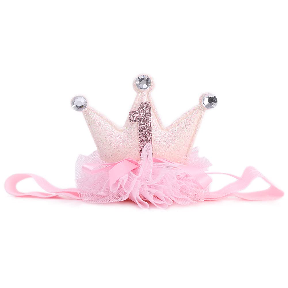 LINLULU 1st Birthday Crown Headband for Baby Girls - Elastic Pink Glitter Mini Crown, Princess Crown Headband, Tulle Bow Crown Baby Headband, Cake Smash Photo Prop (pink baby headband)