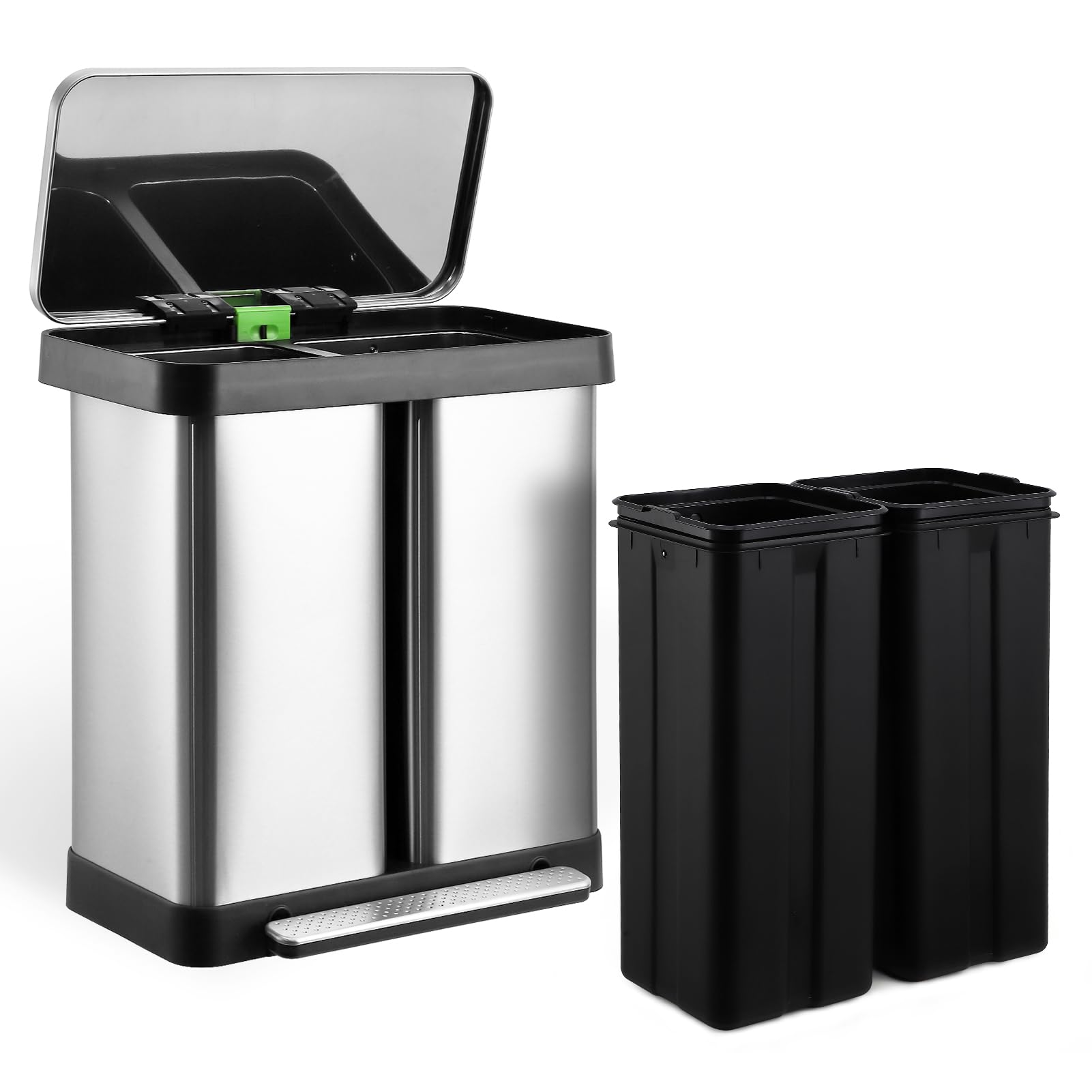 16 Gallon Kitchen Trash Can, Dual Compartment for Recycling and Trash, Without Inner Bucket, Wide Stainless Steel Shape (8 + 8 for 16 Gallon Total)