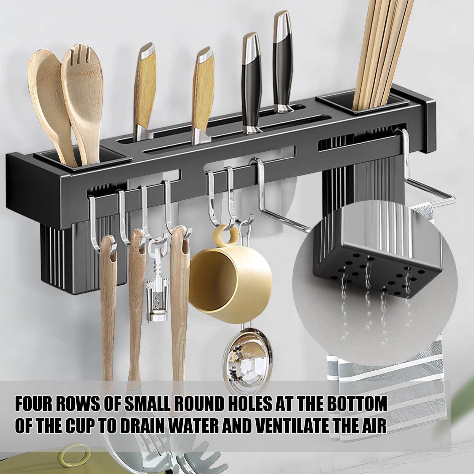 16In Stainless Steel Kitchen Knife Holder Wall Mounted with Hooks, Heavy Duty Adhesive Knife Strip for Wall, Kitchen Knife Storage Block, Knife Rack Organizer for Hanging Spoon Chopsticks (40cm)