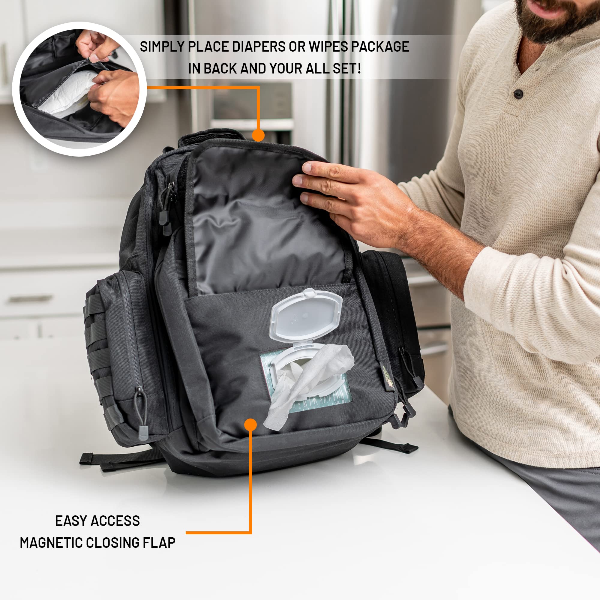 Dad Diaper Bag - Molle-Style Military Diaper Backpack Made of Rugged 900D Waterproof Polyester with Wider Extra-Long Straps, Pouch for Dirty Diapers, Baby Wipes Dispenser & Insulated Bottle Pockets