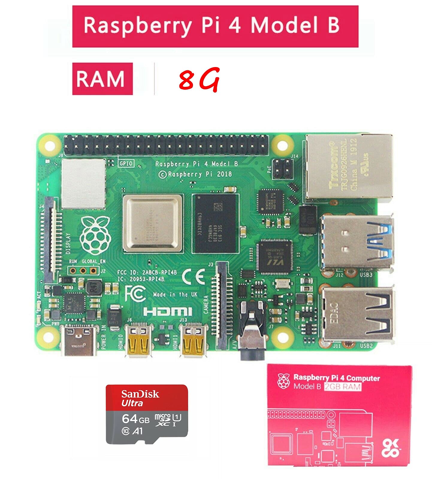 DIGISHUO Raspberry Pi 4B Model B 8GB RAM DIY Kit | with Case | Pi Cooling Fan | San Disk 64G SD Card Micro-SD | Micro HDMI Cable | Sufficient 5V 3A Power Supply (8G Module 8 in 1 Kit)