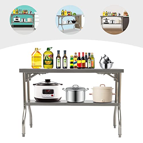 2-Layer Stainless Steel Table Metal Work Table for Kitchen Prep Utility Commercial Worktable Workstation 48 * 24 * 33.5 Inch Folding Commercial Prep Table, Heavy-Duty Stainless Steel Folding Table