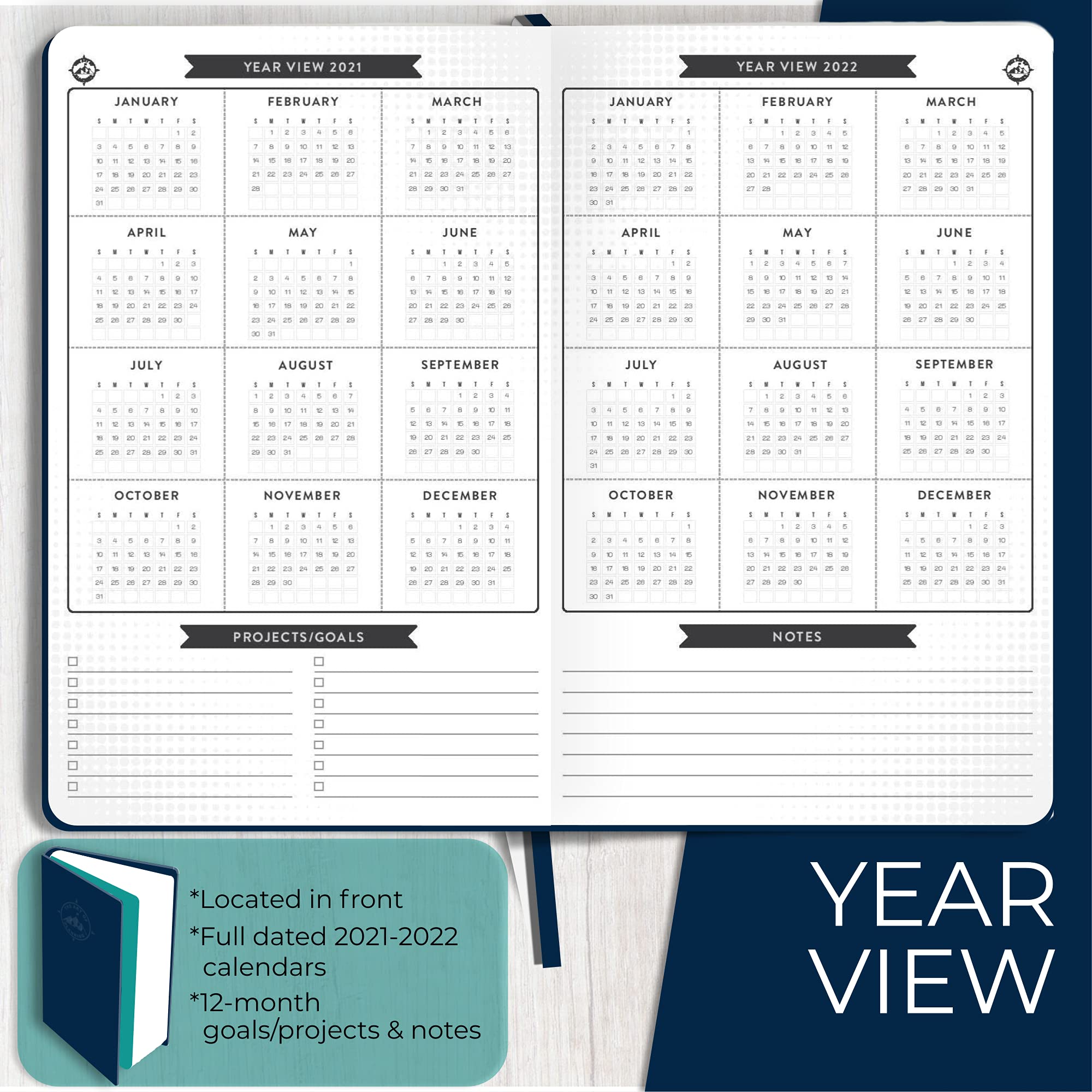 12 Month Planner with Time Slots | Undated Week and Month Spreads | 2021 and 2022 Calendars Included | A5 5"x8" Hardcover | Month Tabs | Dotted Notes