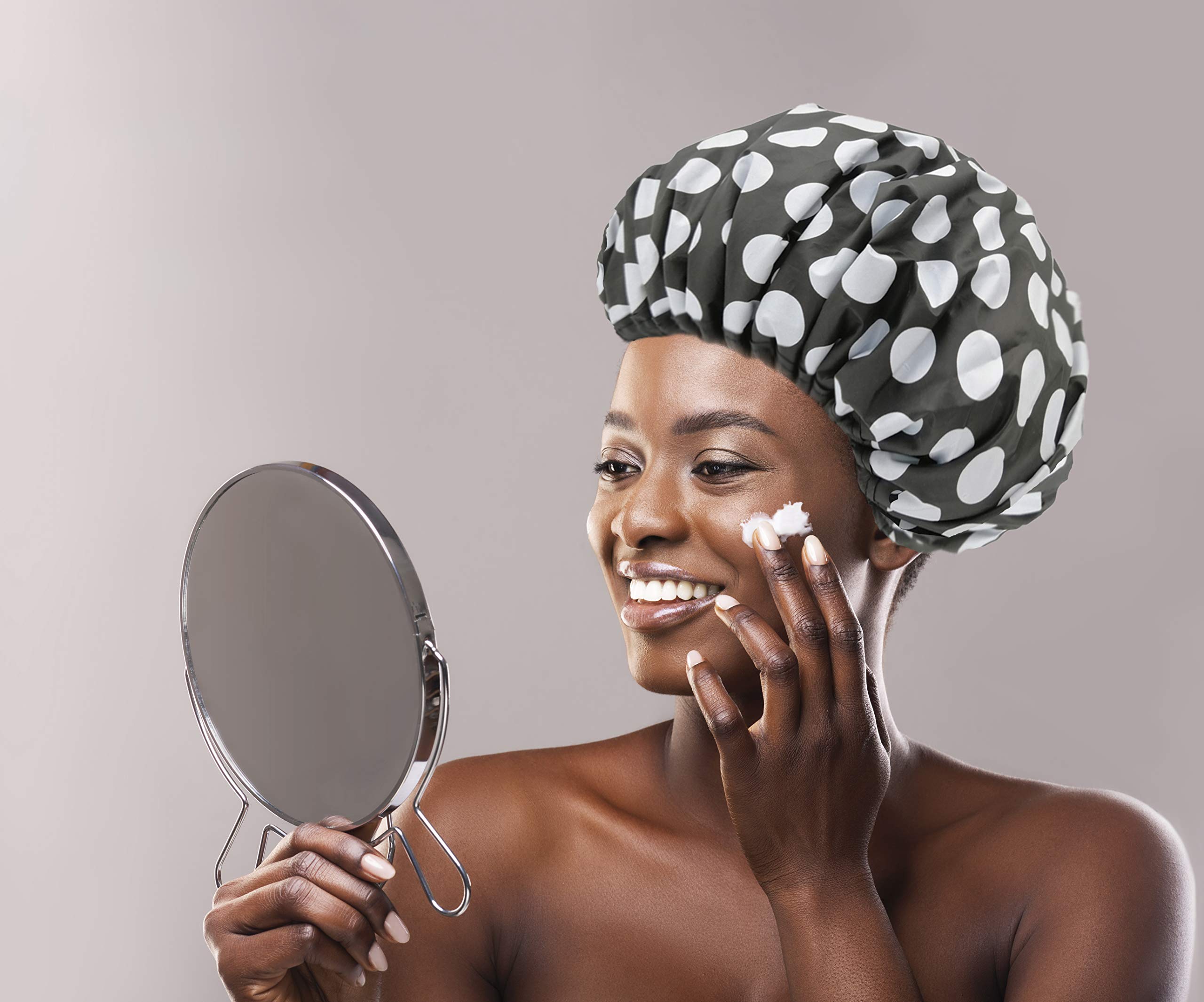 Aunllke Terry Cloth Lined Shower Cap for Women Large Double Layer Shower Cap with Microfiber Dry Hair Function Resuable Waterproof Breathable Bath Cap Black&White Dots Design