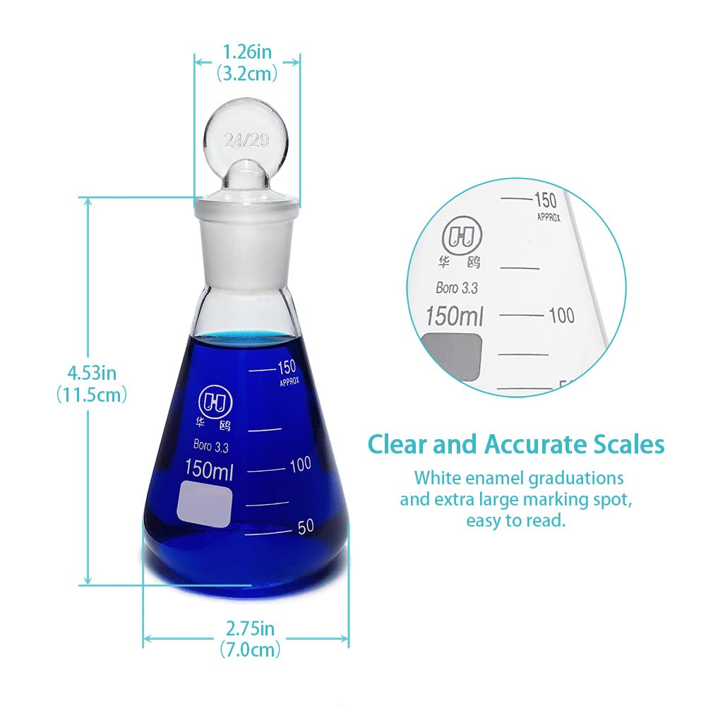 HUAOU 3pcs Glass Erlenmeyer Flask Set, 50ml 150ml 250ml Laboratory Flask with Stopper, Lab Chemistry 3.3 Borosilicate, Narrow Mouth, Printed Graduation, Conical Flask with Cleaning Brush