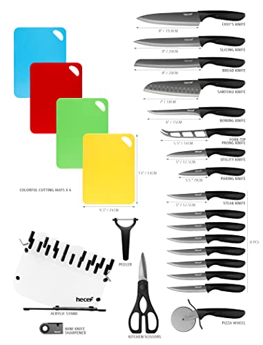 hecef 25 pcs Kitchen Knife Set with Block - 8 Cooking Knives, 8 Serrated Steak Knives, 4 Cutting Mats, Pizza Wheel, Scissors, Peeler, Knife Sharpener & Acrylic Stand (Gray Titanium)