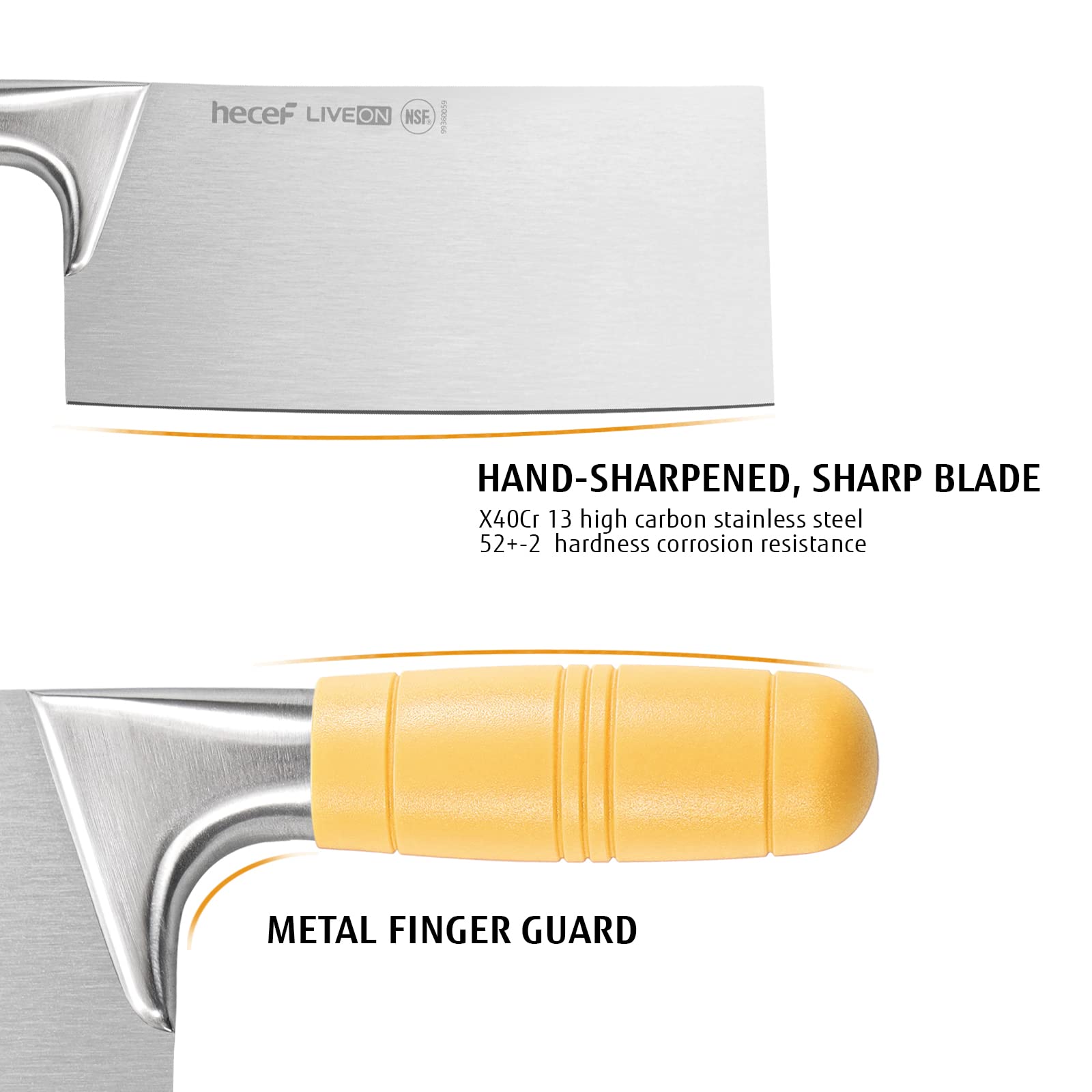 hecef Cleaver Knife 8.2 Inch, Chinese Chef Knife, German Stainless Steel Slicer Cleaver, Vegetable Meat Cutting Knife for Home & Restaurant, Yellow, NSF Certified