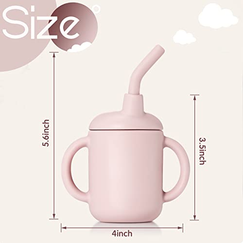 2 Pieces Toddler Cups Silicone Training Sippy Cups with Straw Lid and Non Slip Handles Spill Proof Trainer Cup Transition Cup for Baby Toddler Infant (Blush Colors)