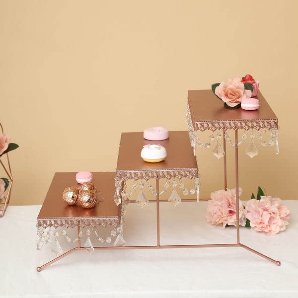 Efavormart 15" Tall Rose Gold 3 Tiered Serving Stand Cupcake Dessert Stand with Crystal Pendants